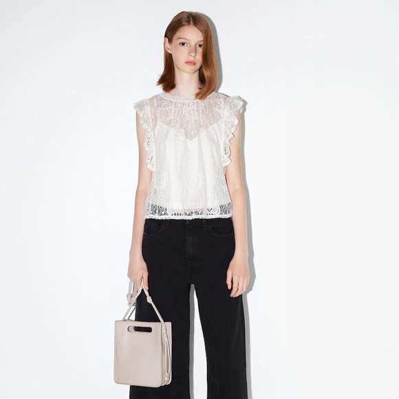Zara | Tops | Final Zara White Ruffle Trim Lace Top Size Large Nwt ...